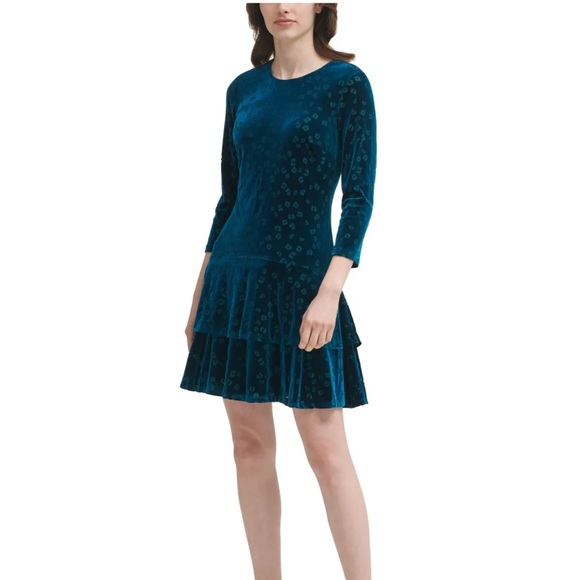 Dkny | Dresses | Nwt Dkny Teal Blue Velvet Devore Dress Tiered Flower ...